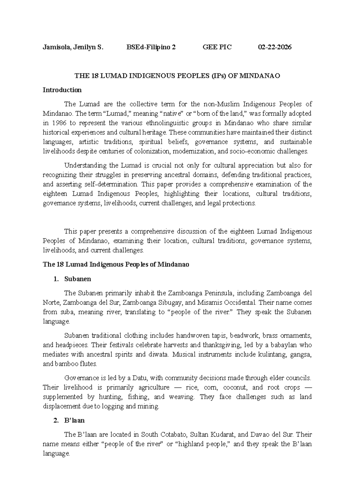 GEE 2: The 18 Lumad Indigenous Peoples of Mindanao Overview - Studocu