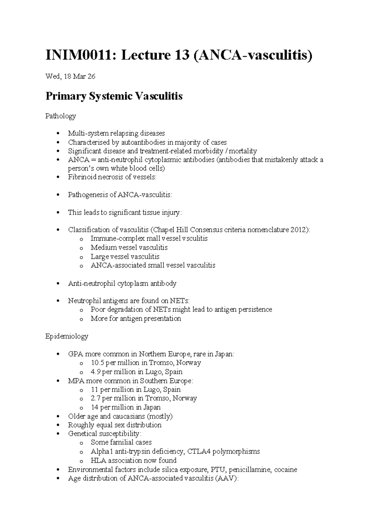 INIM0011: Lecture 13 - Pathology of ANCA-Associated Vasculitis - Studocu