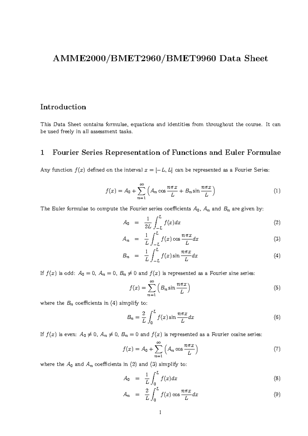 Fourier Series and Laplace Transforms: A Comprehensive Datasheet - Studocu