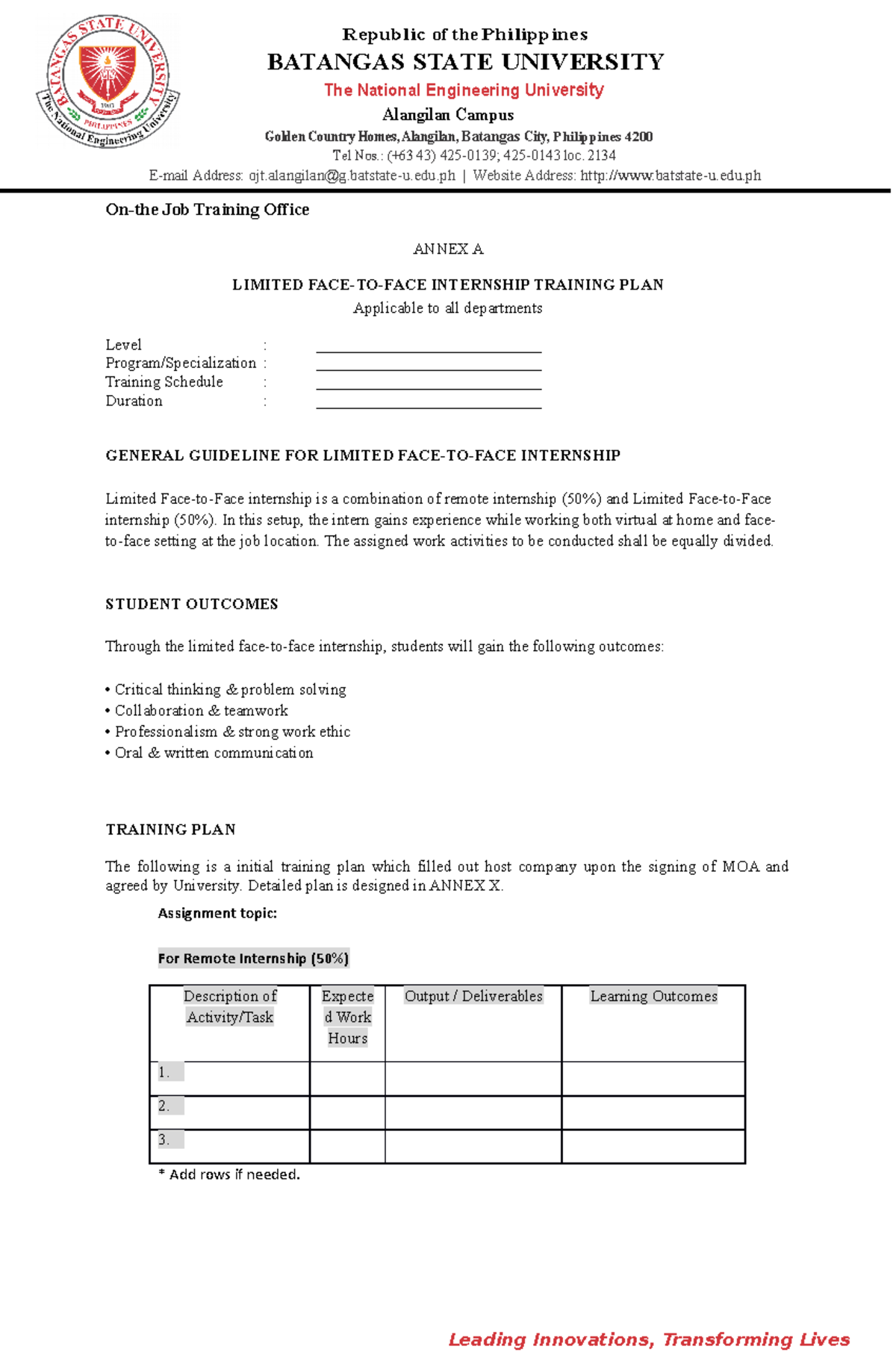 Limited Face-to-Face Internship Training Plan Template - F2F - Studocu