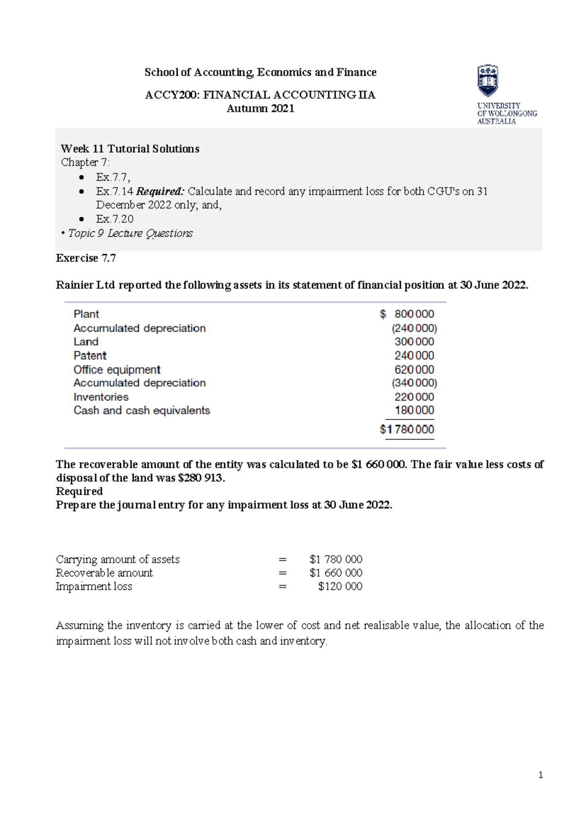 ACCY200 Week 11 Tutorial Solutions - ACCY200 - UOW - Studocu