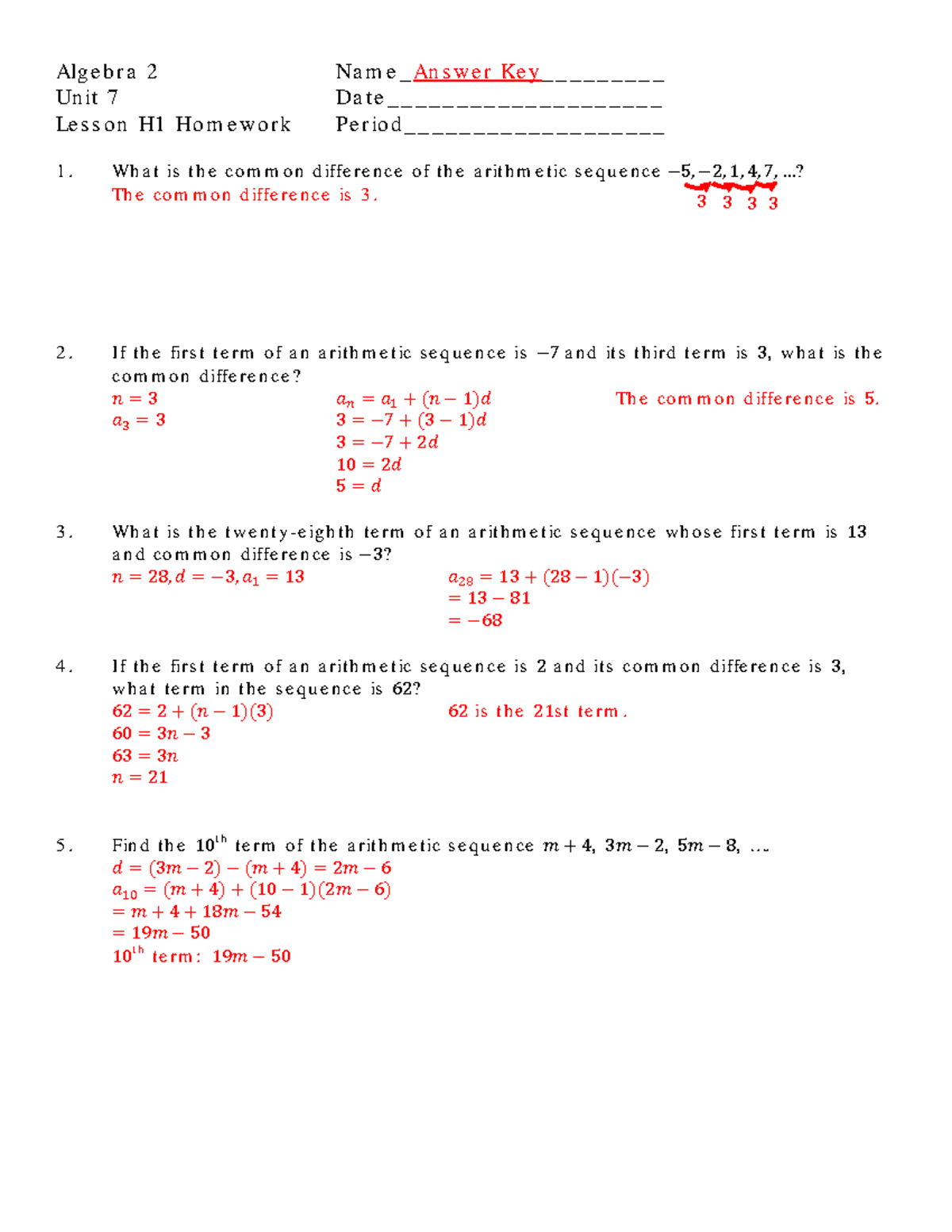 Algebra 2 Unit 7 Lesson H1 Homework Answer Key - Studocu