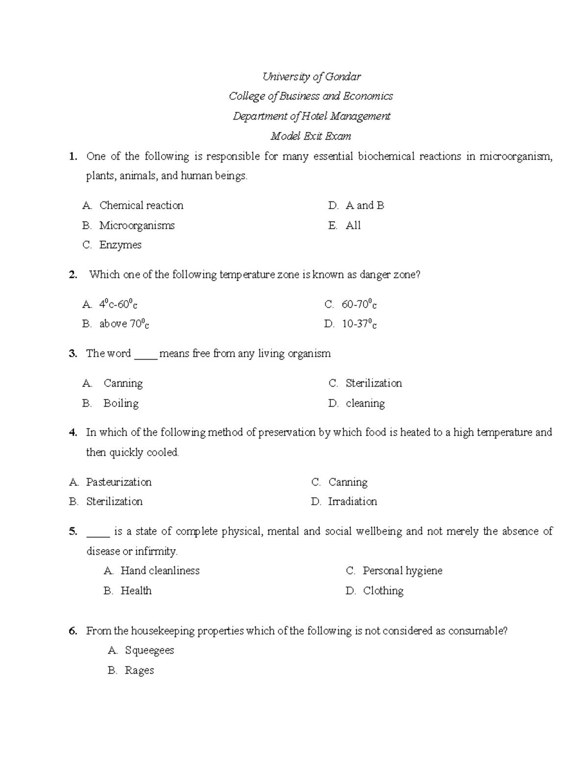 Hotel Management Model Exit Exam 2015 - Comprehensive Answer Key - Studocu