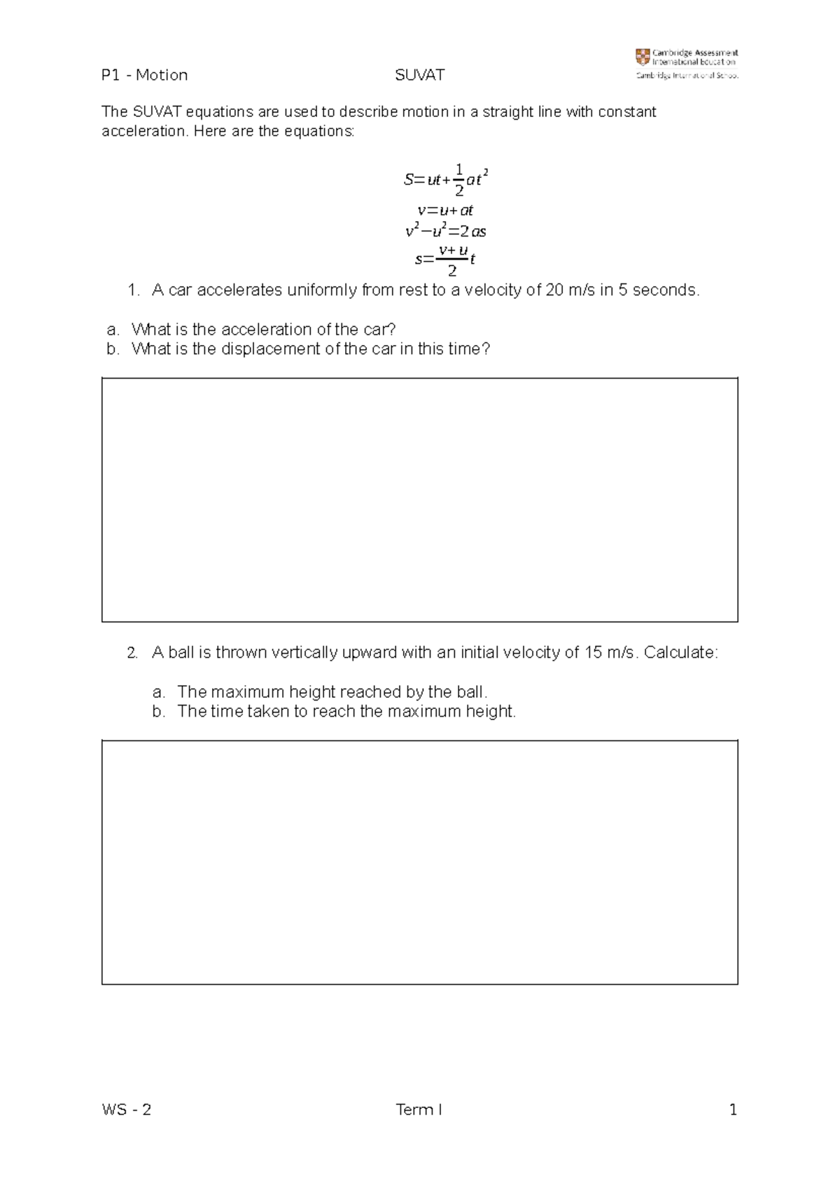 WS 2 Term I: SUVAT Equations and Motion Analysis - Studocu