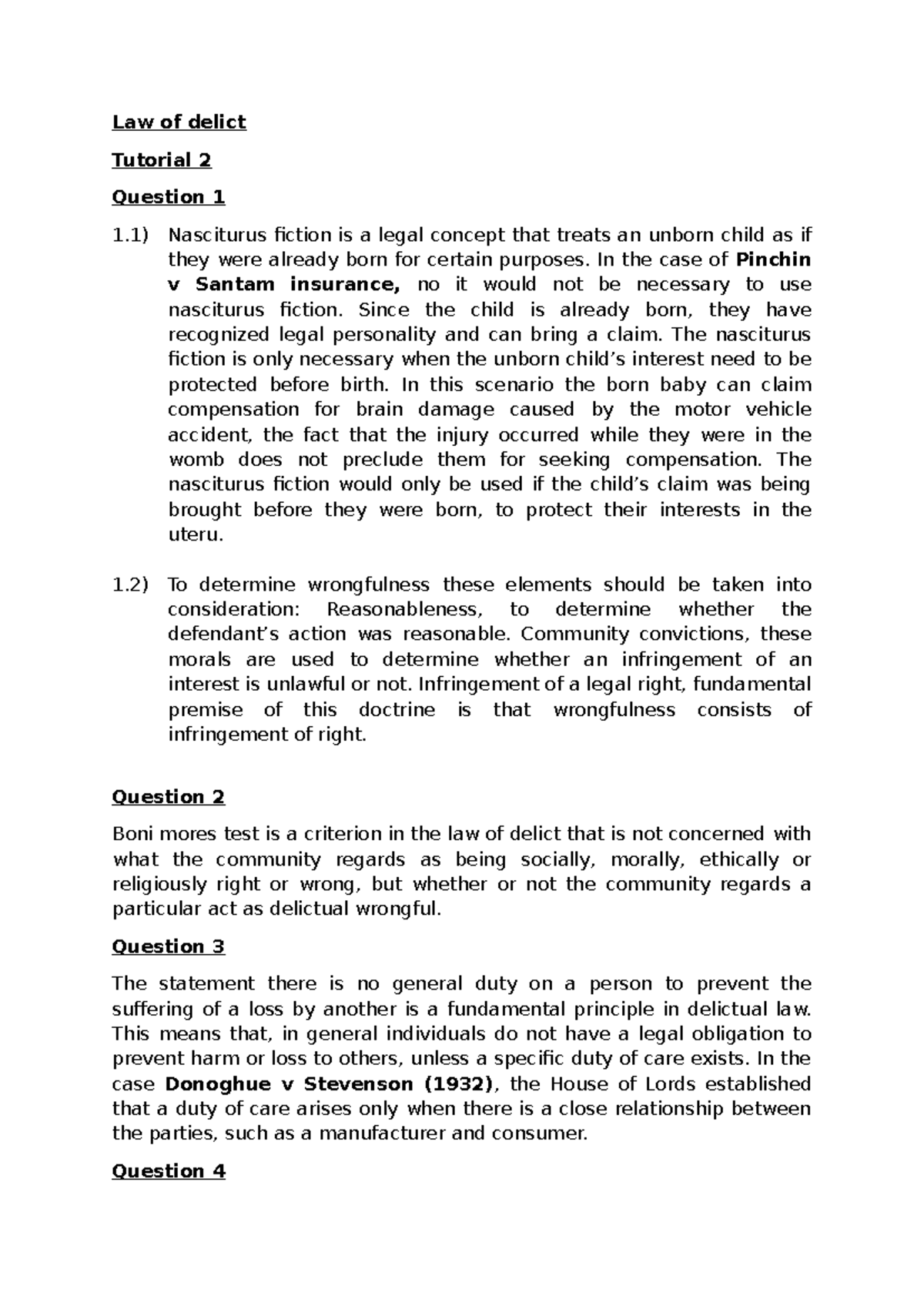 Law of Delict Tutorial 2: Key Concepts and Case Analysis - Studocu