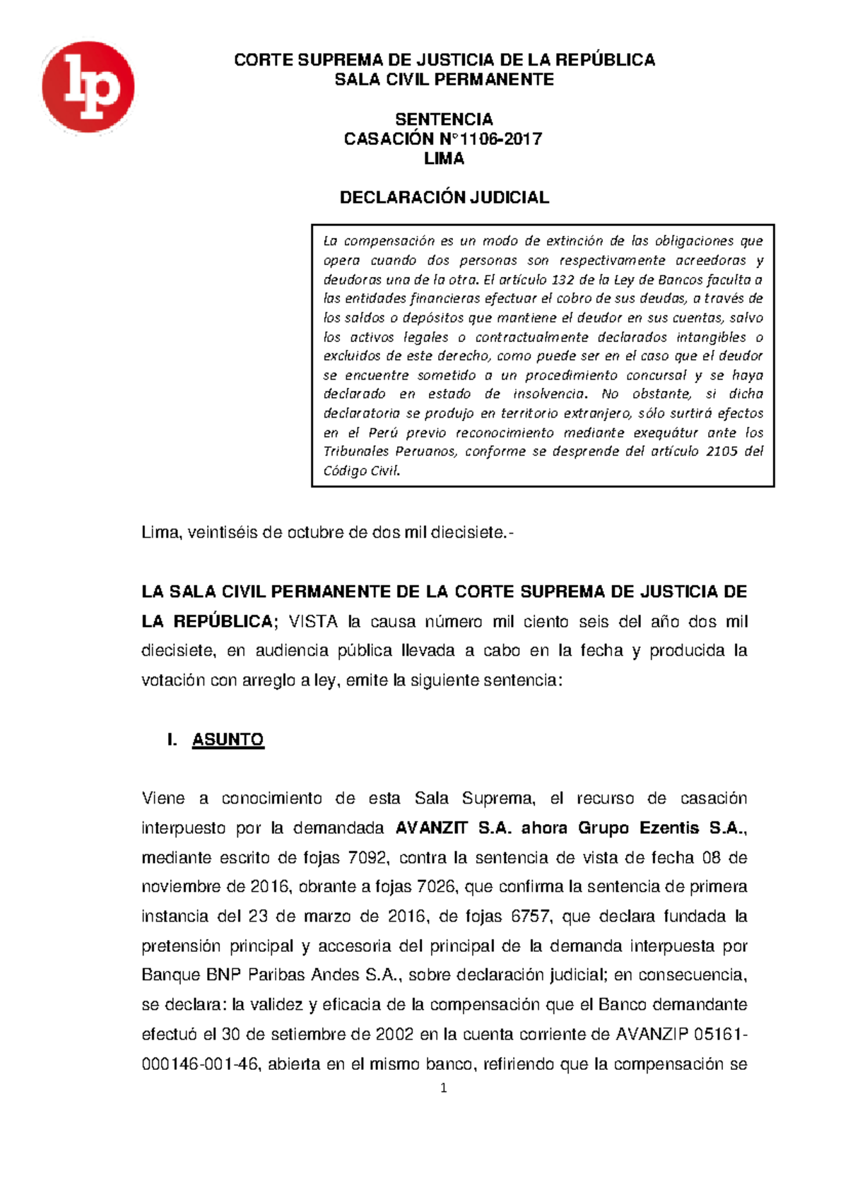 Sentencia de Casación N° 1106 - 2017: Compensación en Lima - Studocu