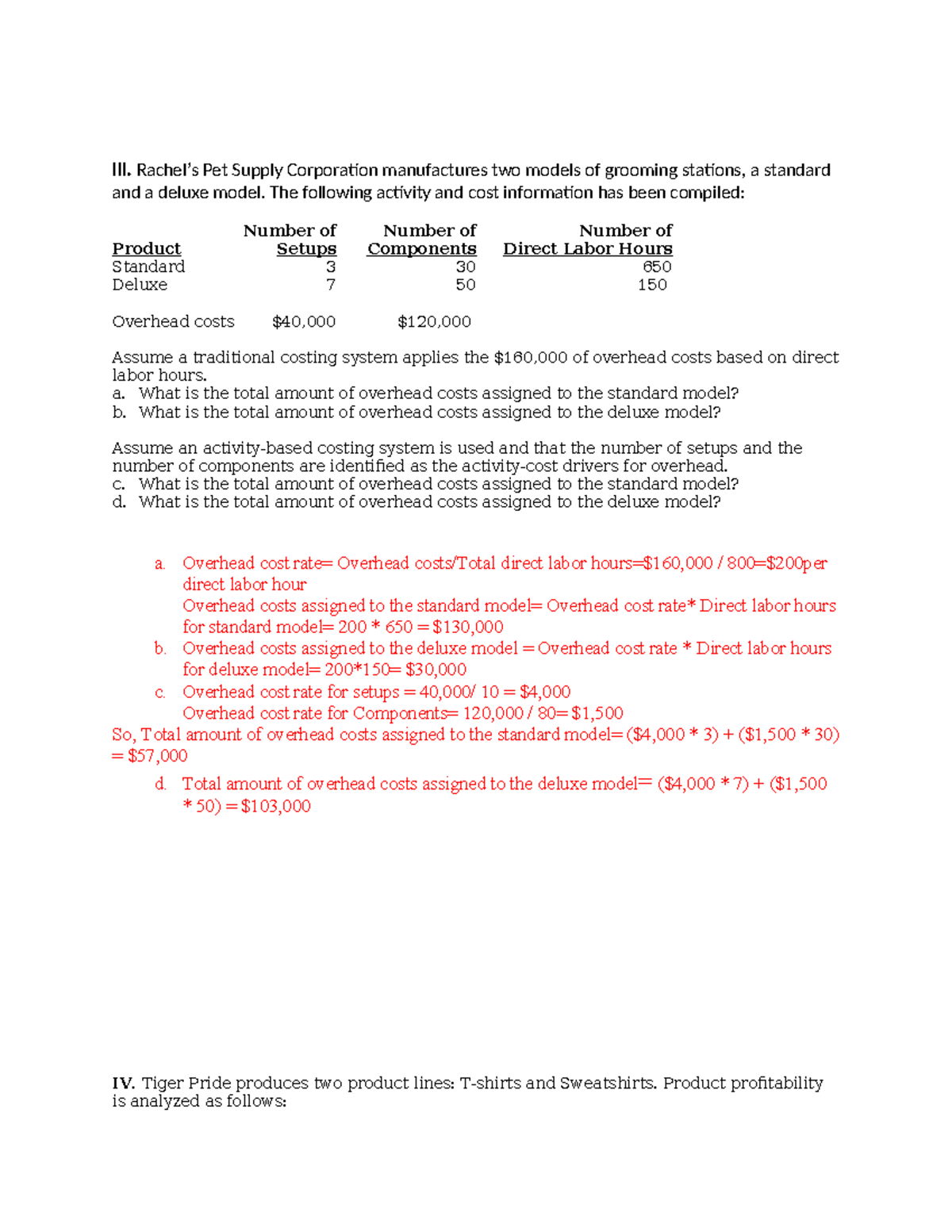 Cost AND MANAGERIAL ACCOUNTING exam 2 - III. Rachel’s Pet Supply ...