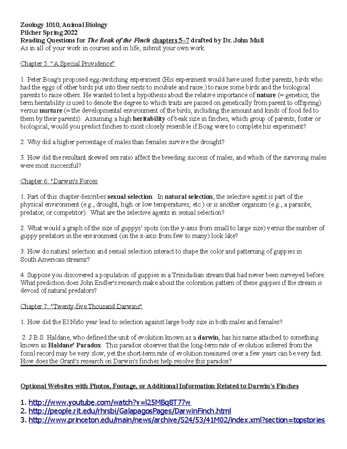 Beak of Finch Study Guide Questions-2022 S Ch5-7 - Zoology 1010, Animal ...