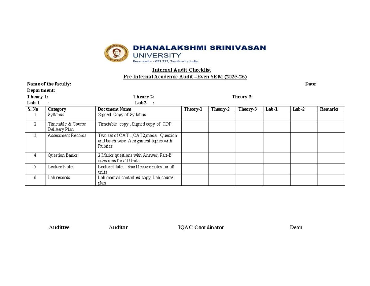 Internal Audit Checklist for Pre-Internal Academic Audit 311225 - Studocu