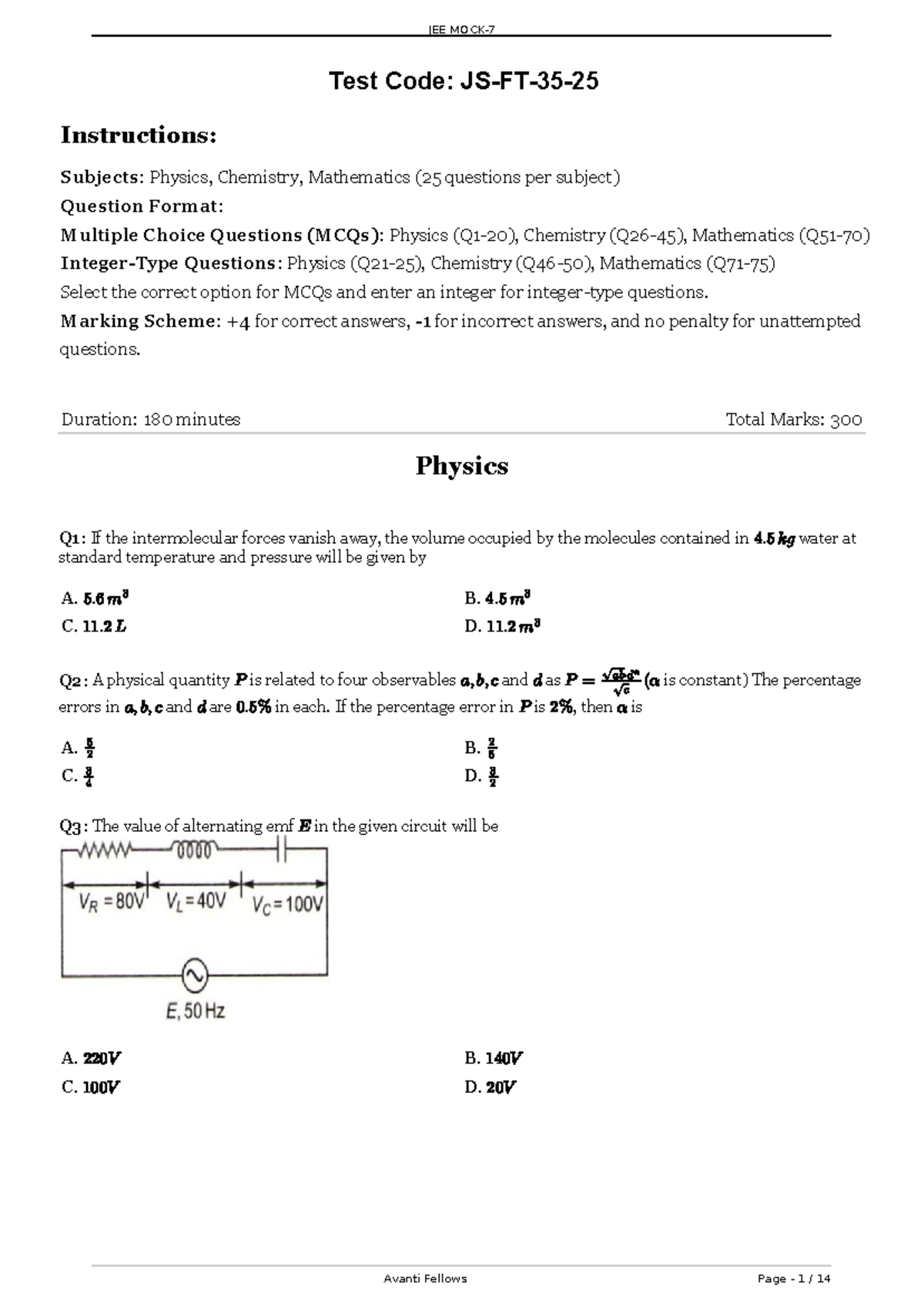 JS-FT-35-25 - JEE Test: Physics, Chemistry & Math MCQs Guide - Studocu