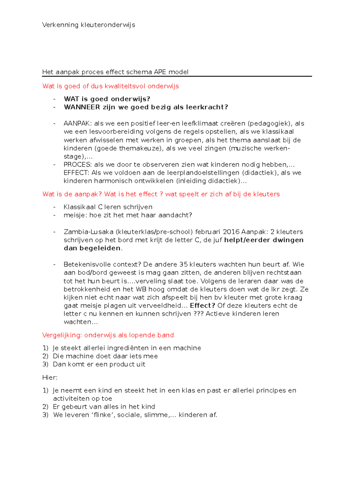 Verkenning Kleuteronderwijs: APE Model en Effectieve Aanpak (P20) - Studocu