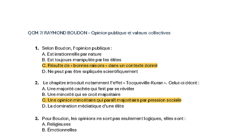 QCM 7 - Questions sur le texte de R. Boudon et l'opinion publique - Studocu