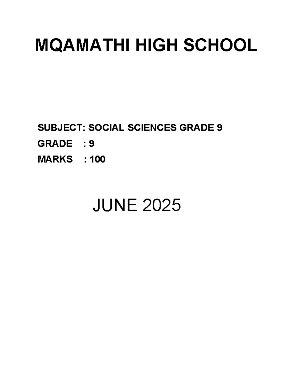 Social Sciences Grade 9 Exam Questions - June 2025 - Studocu