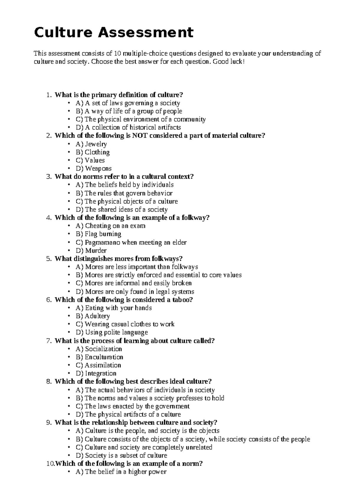 Culture Assessment: Multiple Choice Questions (59) - Studocu