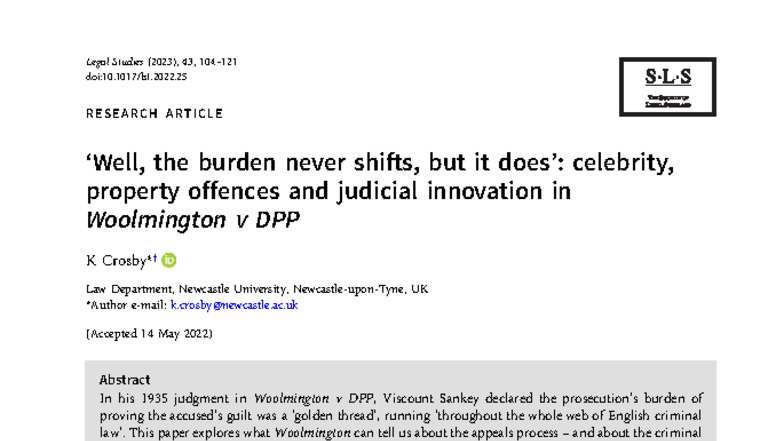 Legal Studies (2023) - The Burden Never Shifts: Woolmington v DPP ...