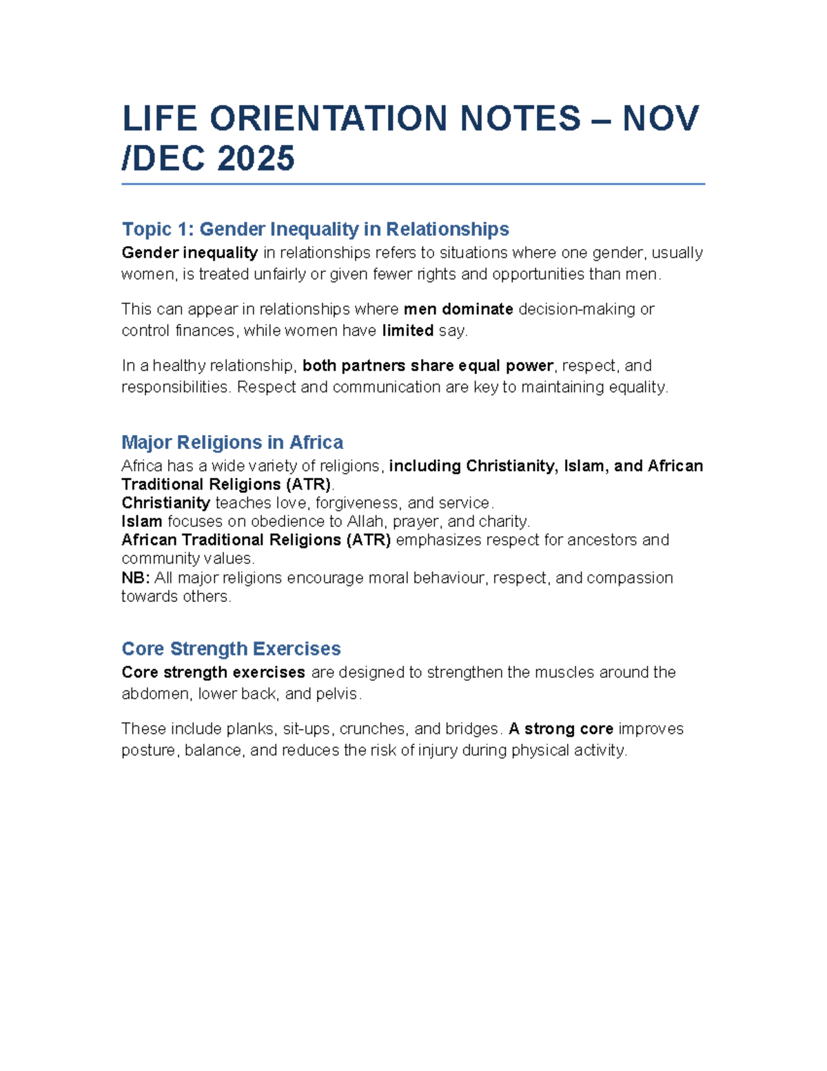LIFE ORIENTATION NOTES NOV 2025: Key Topics & Concepts - Studocu