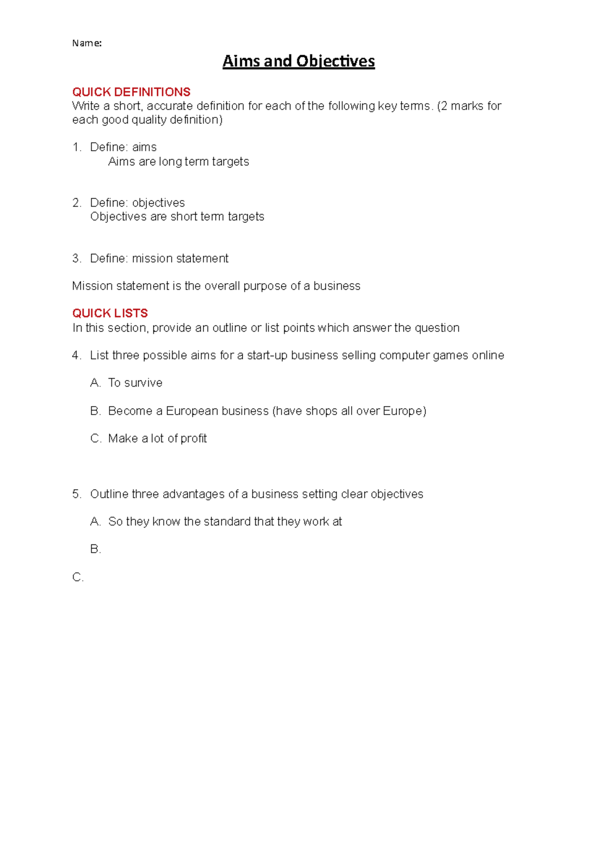 L2 Aims & Objectives Worksheet: Definitions and Key Insights - Studocu