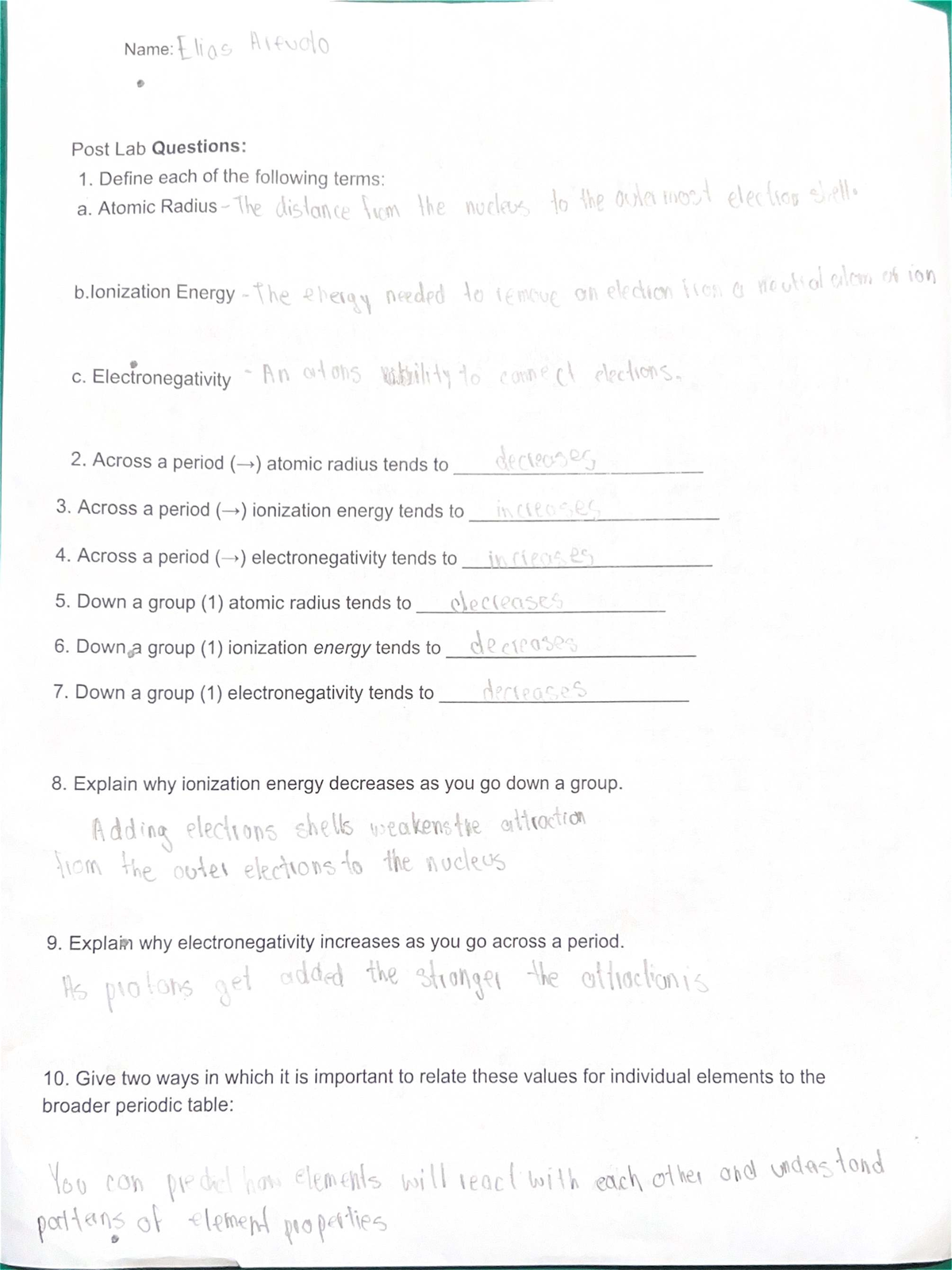 Lab #13: Periodic Trends Analysis and Post Lab Questions - Studocu