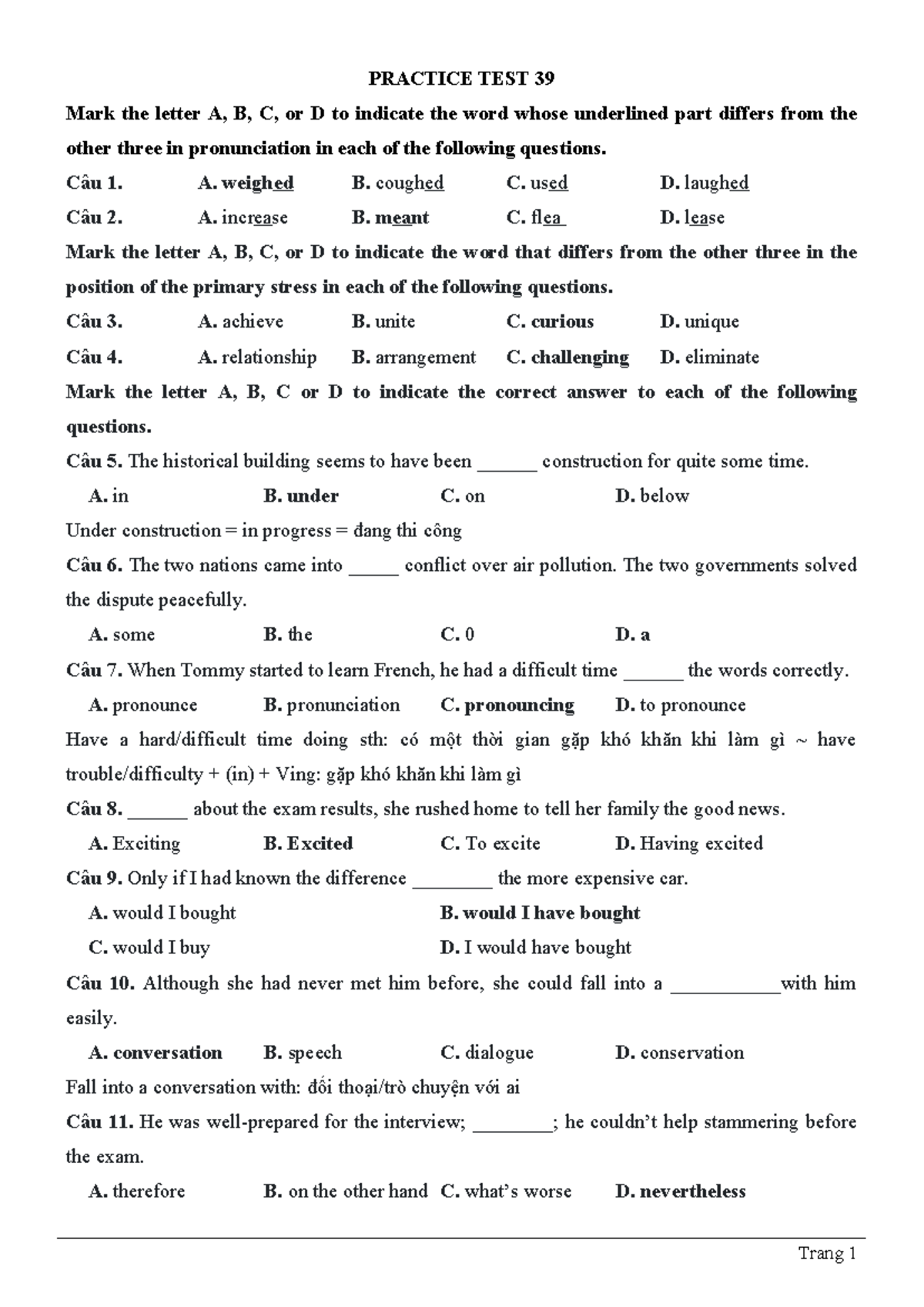 Practice Test 39: Pronunciation and Stress Questions - Studocu