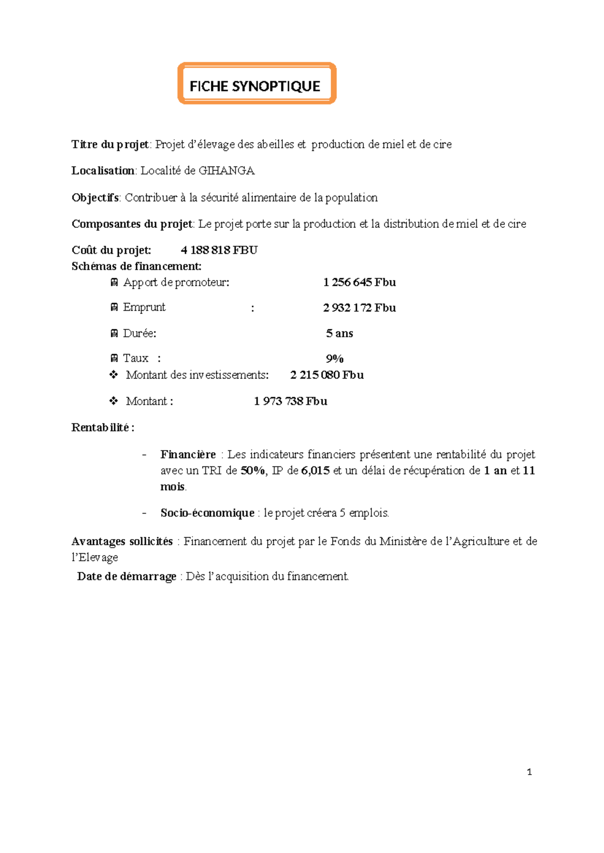 Business Plan: Production de Miel et Cire - Localité Gihanga, Rwanda ...