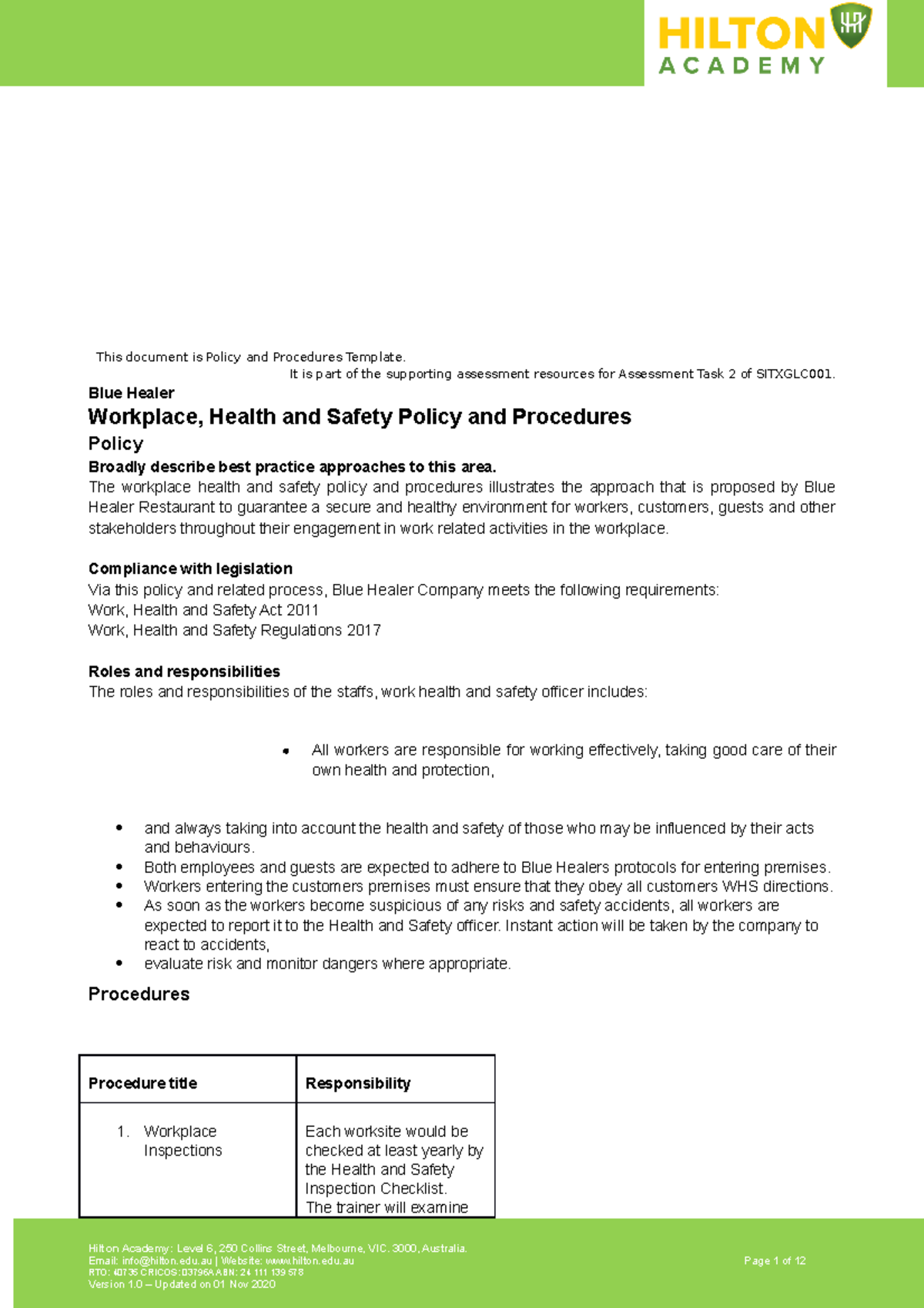 SITXGLC001 Policy and Procedures Template for Blue Healer Restaurant ...
