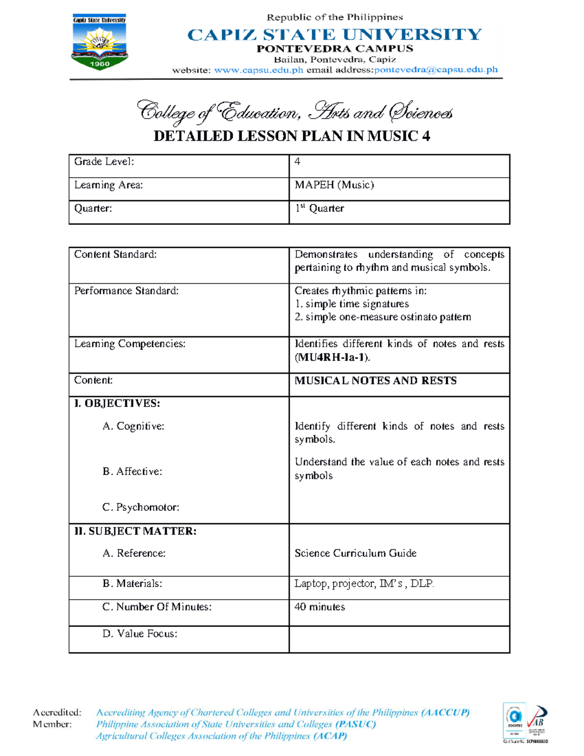 Detailed Lesson Plan in Music 4: Understanding Notes & Rests (MAPEH ...