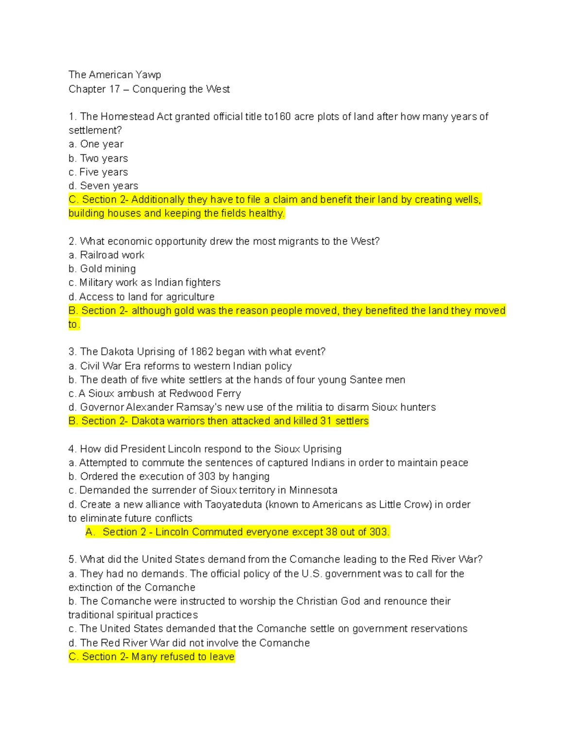 Chapter 17 questions - American Yawp Assignments - The American Yawp Chapter 17 – Conquering the ...