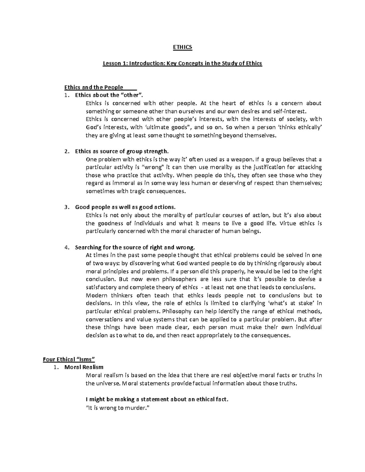 Ethics and the People - ETHICS Lesson 1: Introduction: Key Concepts in the Study of Ethics ...