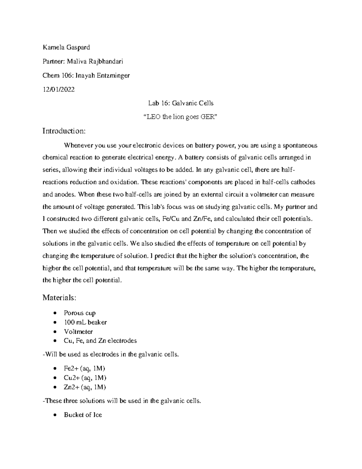 Chem 106 Lab 16: Investigating Galvanic Cells and Their Potentials ...