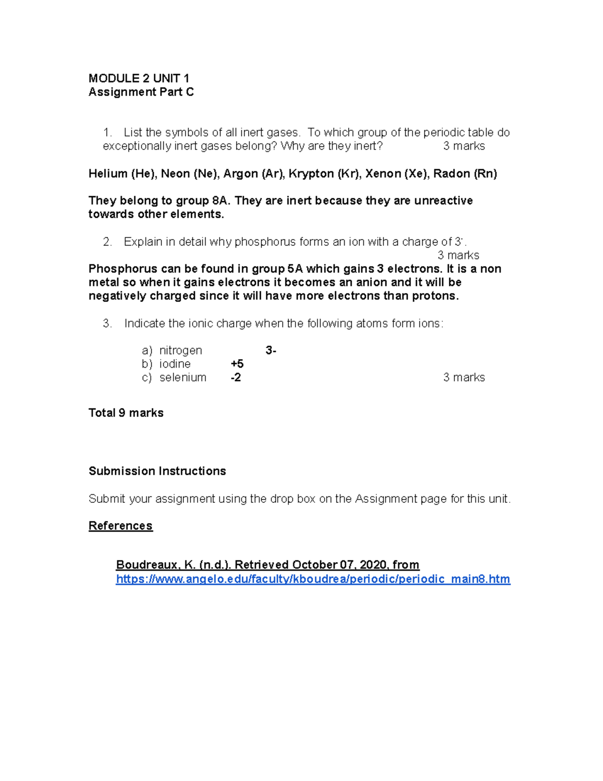 Module 2 Unit 1 Chem Assignment C: Inert Gases & Ionic Charges - Studocu