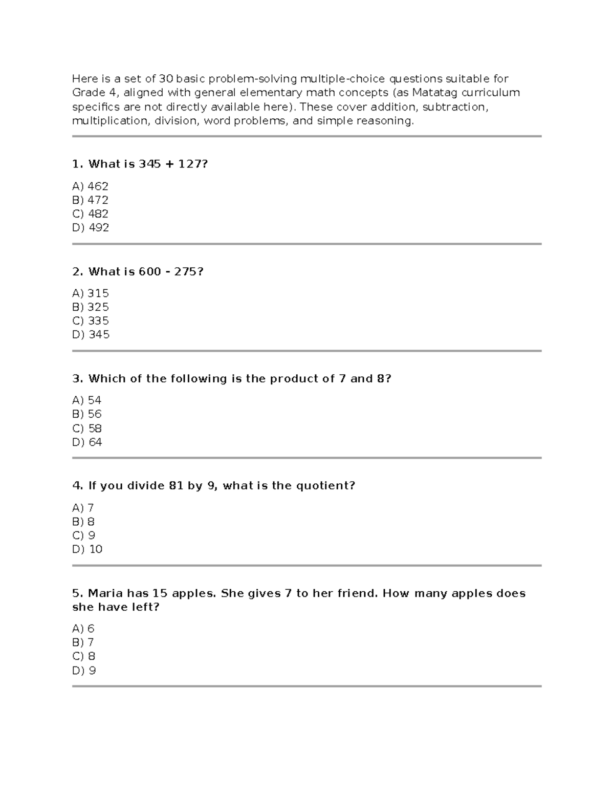 Grade 4 Math Practice Questions: 30 Basic Problems - Studocu