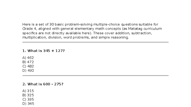Grade 4 Math Practice Questions: 30 Basic Problems - Studocu