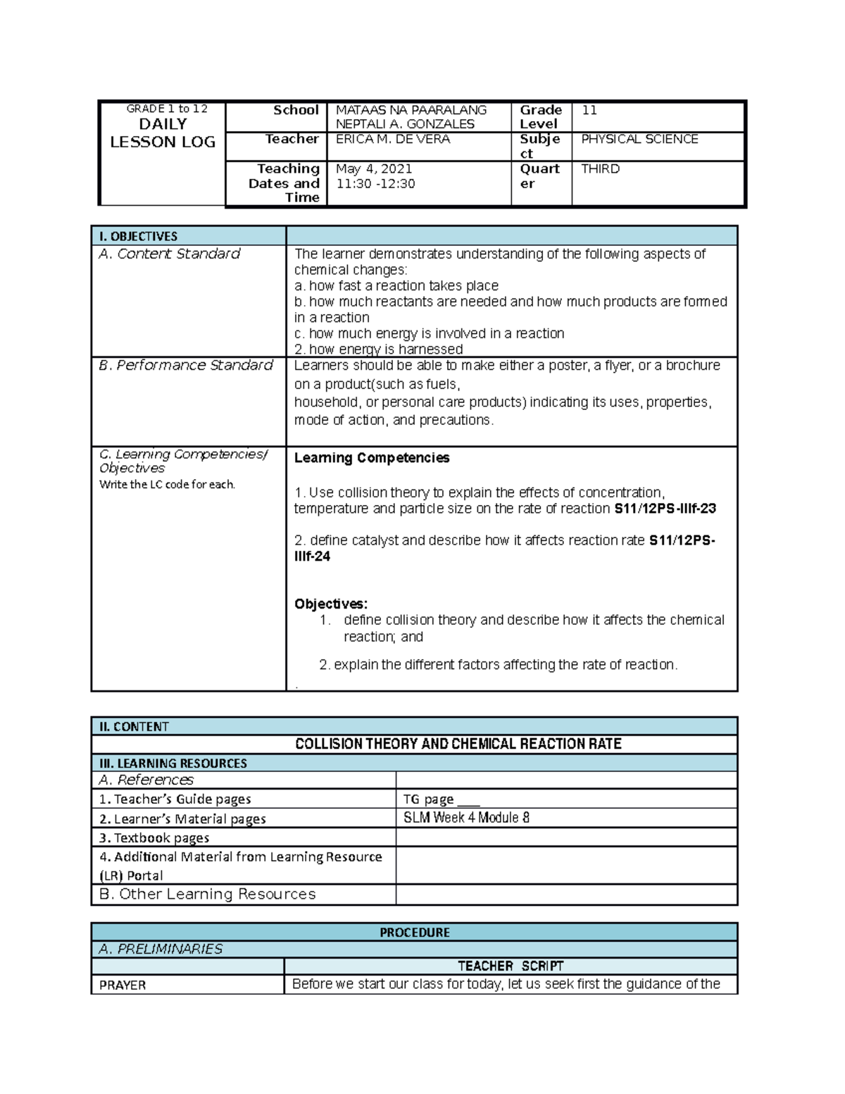 Lesson PLAN Collision Theory - GRADE 1 to 12 DAILY LESSON LOG School ...