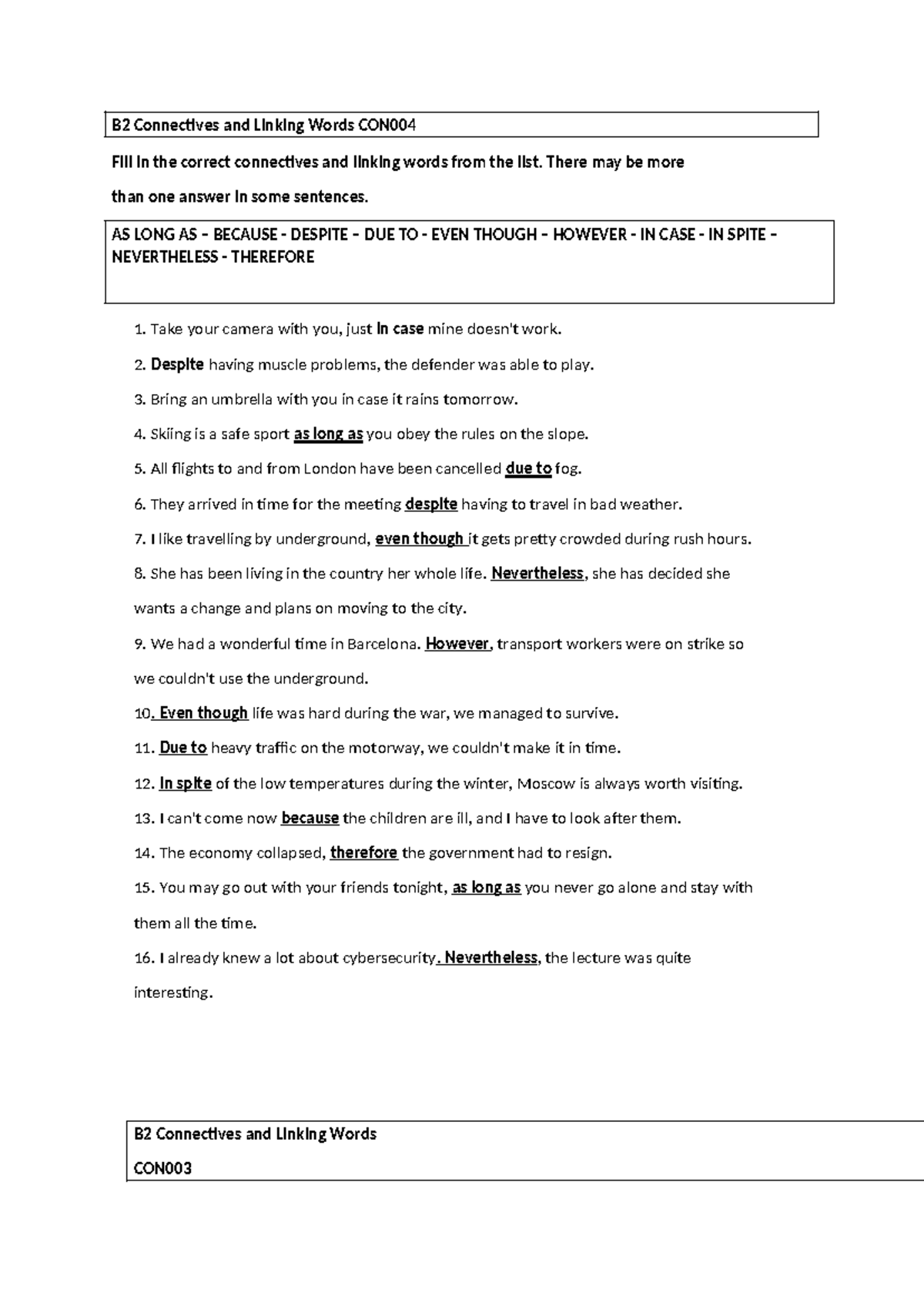 B2 Connectives and Linking Words Exercises CON004 - Studocu