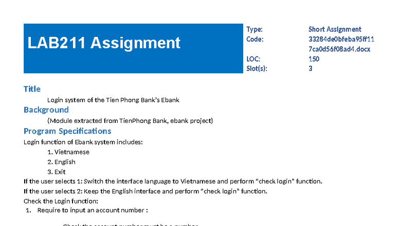LAB211 Short Assignment: Login System for Tien Phong Ebank - Studocu