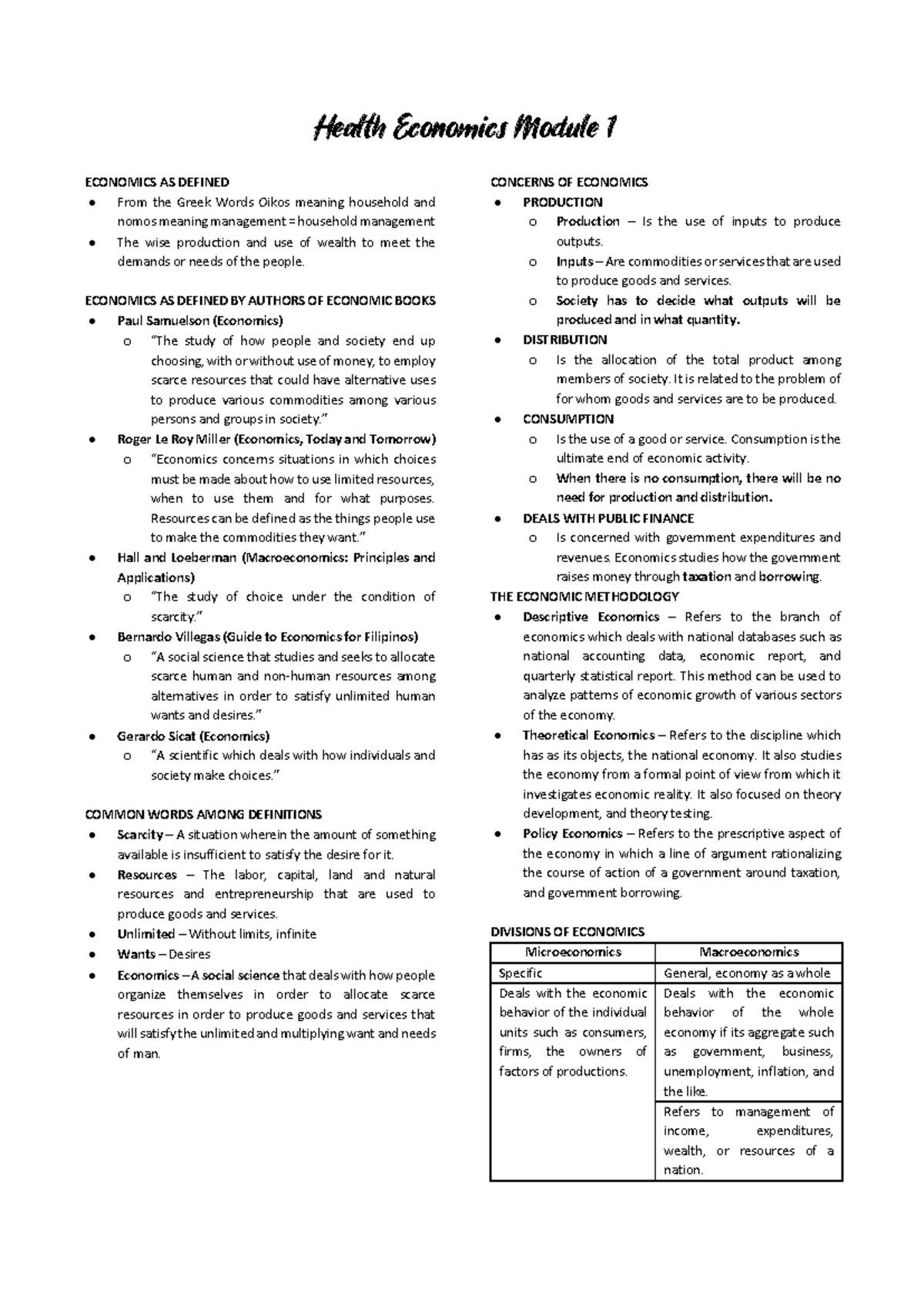Health Economics Overview: Key Concepts and Definitions in ECON 101 ...