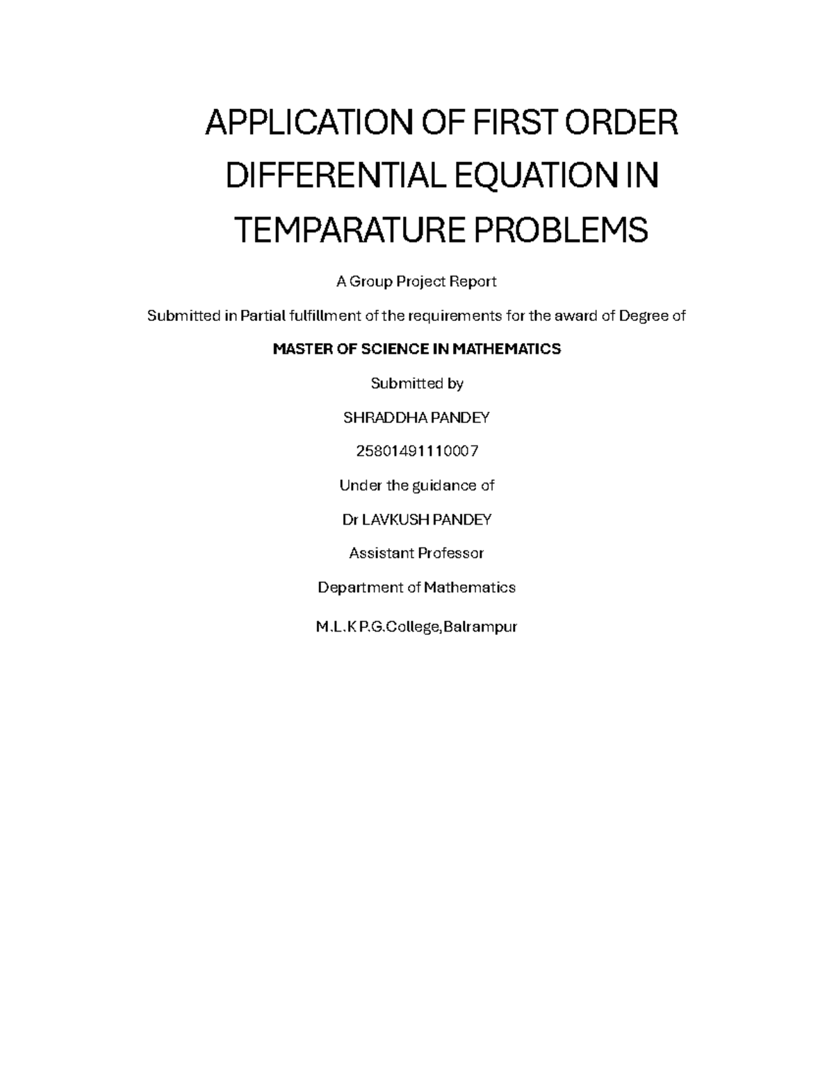 APPLICATION OF FIRST ORDER DIFFERENTIAL EQUATIONS IN TEMPERATURE ...