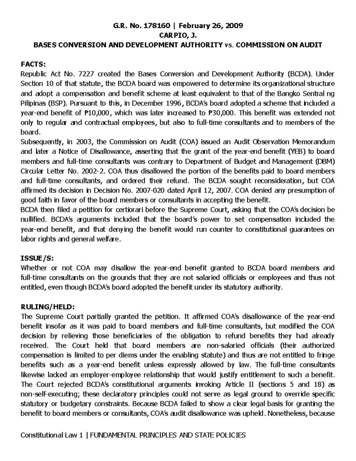 G.R. No. 178160: BCDA vs. COA - Legal Analysis and Implications - Studocu