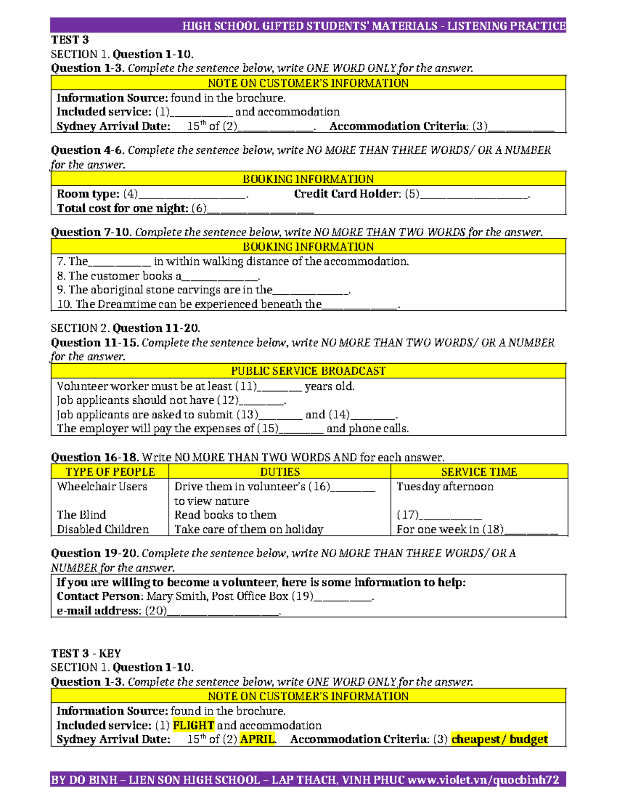 Listening TEST 3 - HIGH SCHOOL GIFTED STUDENTS’ MATERIALS - LISTENING ...