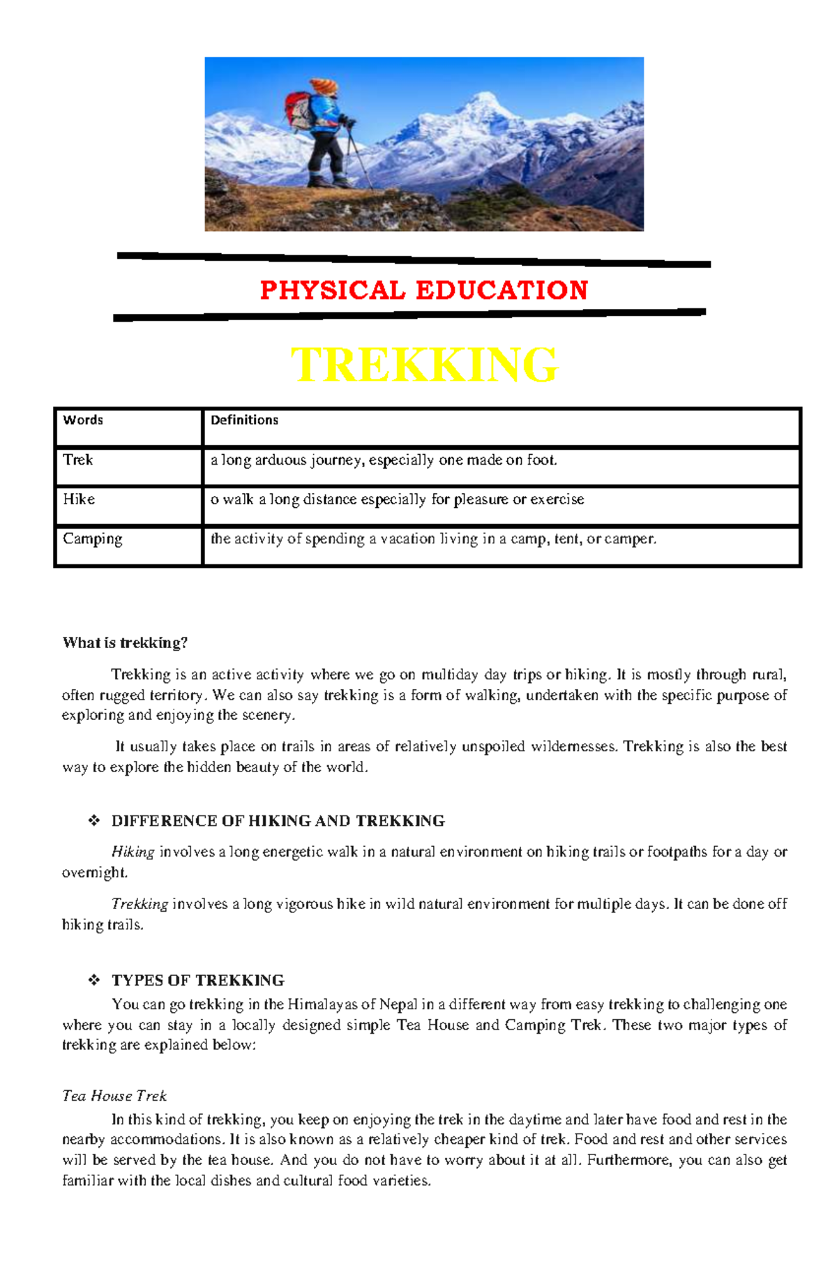 PE Lesson 5 - TREKKING - PHYSICAL EDUCATION Words Definitions Trek a ...