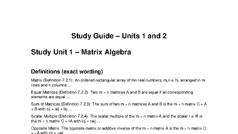 Study Guide for Matrix Algebra: Units 1 & 2 Definitions - Studocu