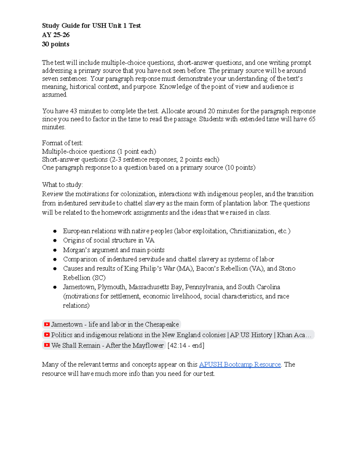 Study Guide for USH Unit 1 Test (AY 25-26): Colonial History Insights ...