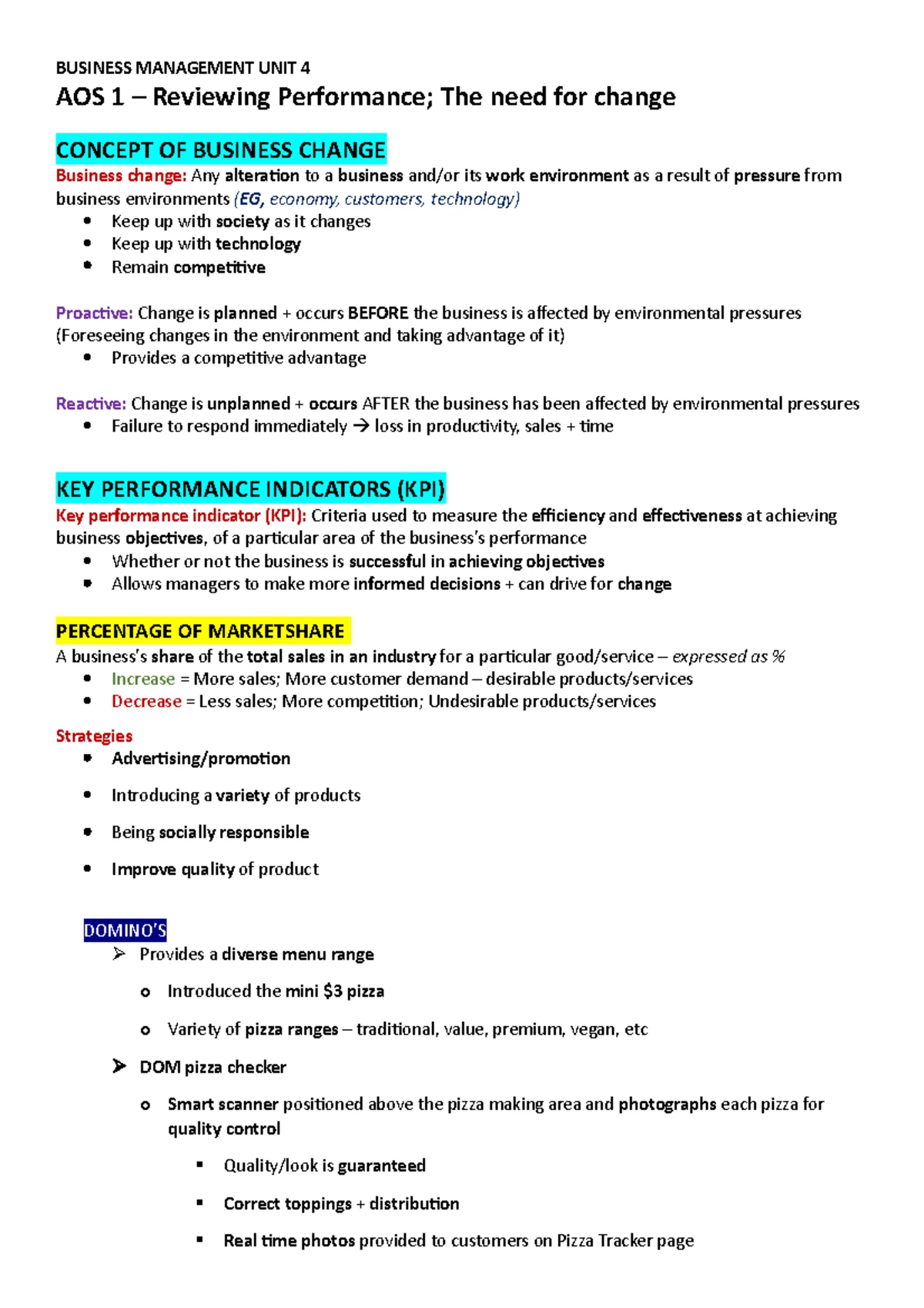 Summary Sheet - Lewin's 3 step change model - BM Unit 4 AOS 2 Summary ...