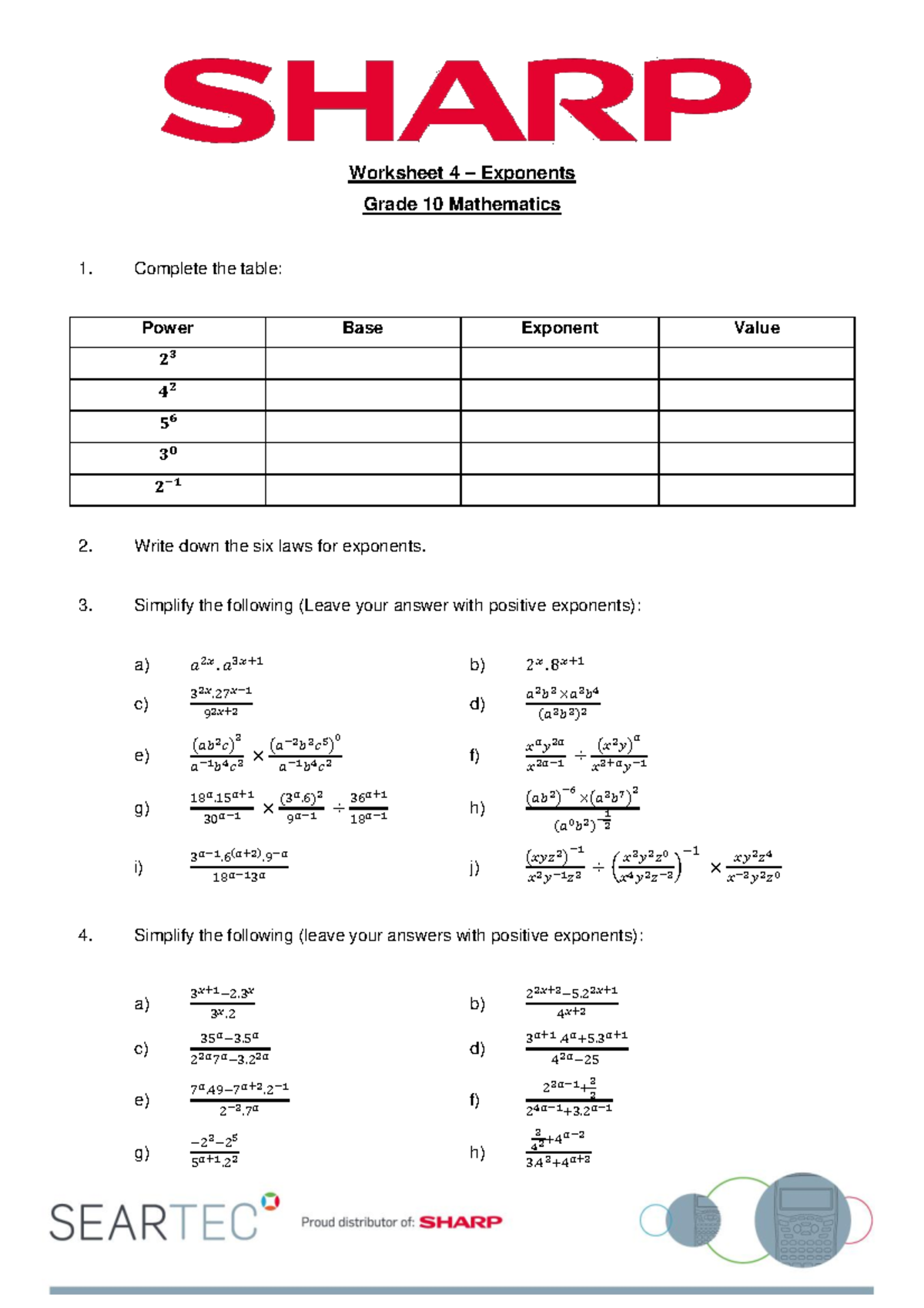 Grade 10 Math - Worksheet 4: Exponents Practice and Laws - Studocu
