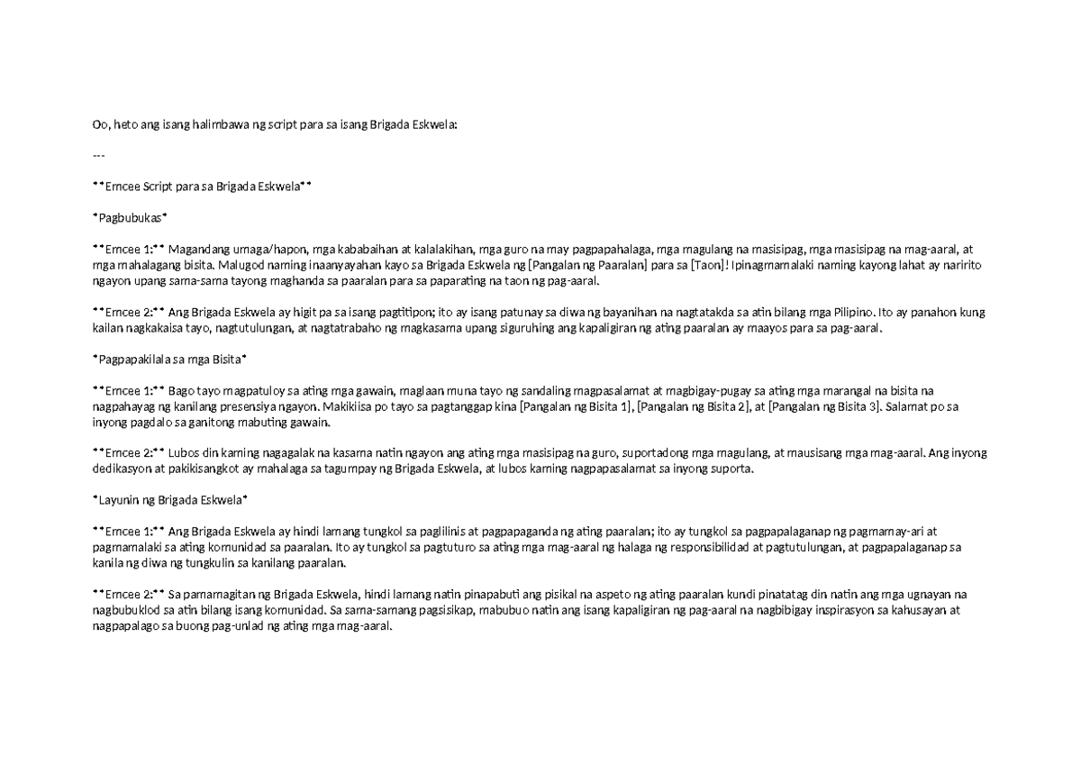 Emcee Script Sample for Brigada Eskwela Event - Studocu