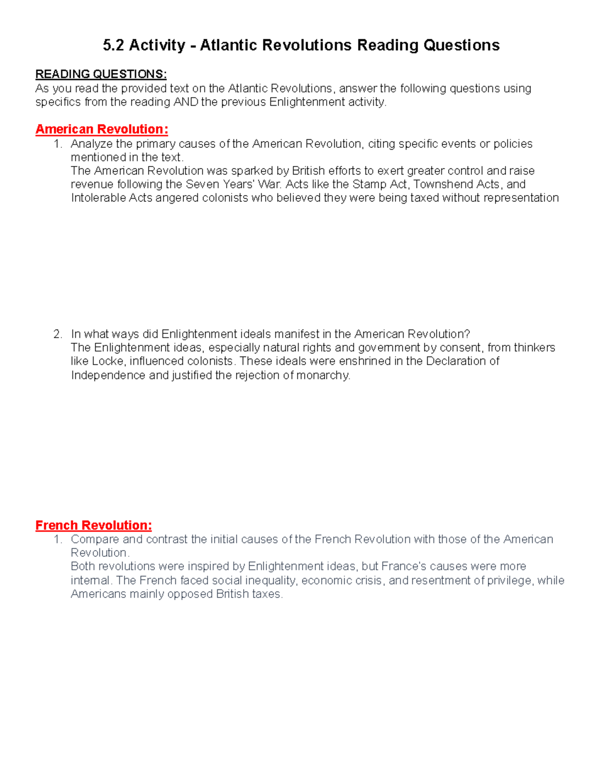 5.2 Activity: Atlantic Revolutions Reading Questions Analysis - Studocu