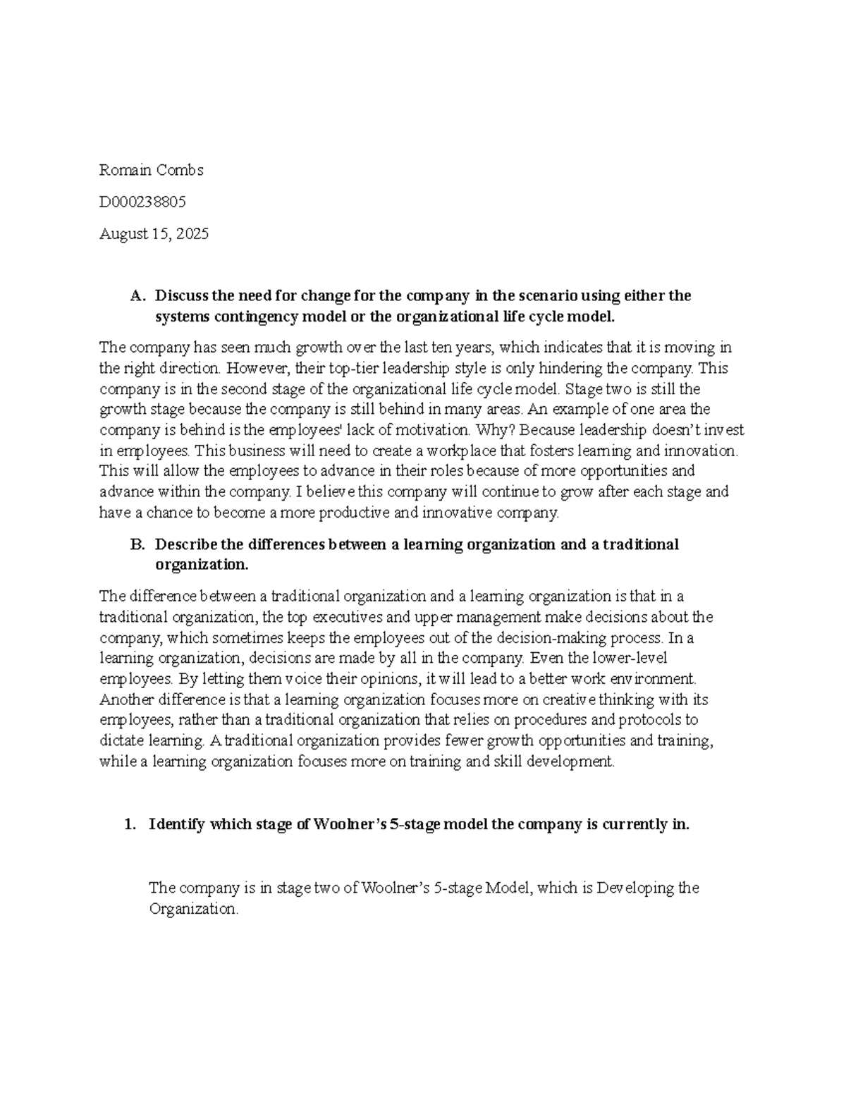 C721 - Organizational Change and Learning: Strategies for Growth - Studocu