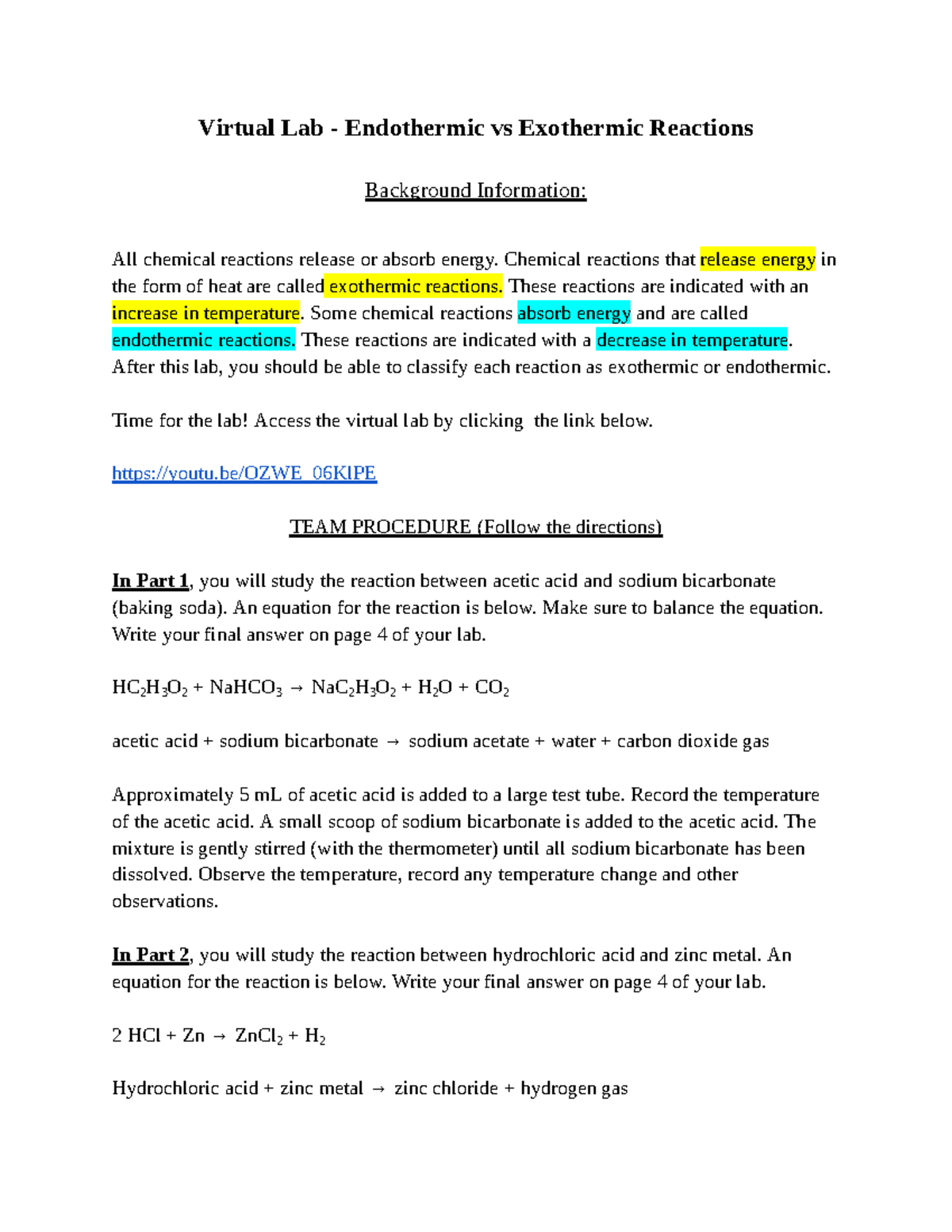 Endothermic vs Exothermic Reactions - Virtual Lab Guide - CHEM 101 ...