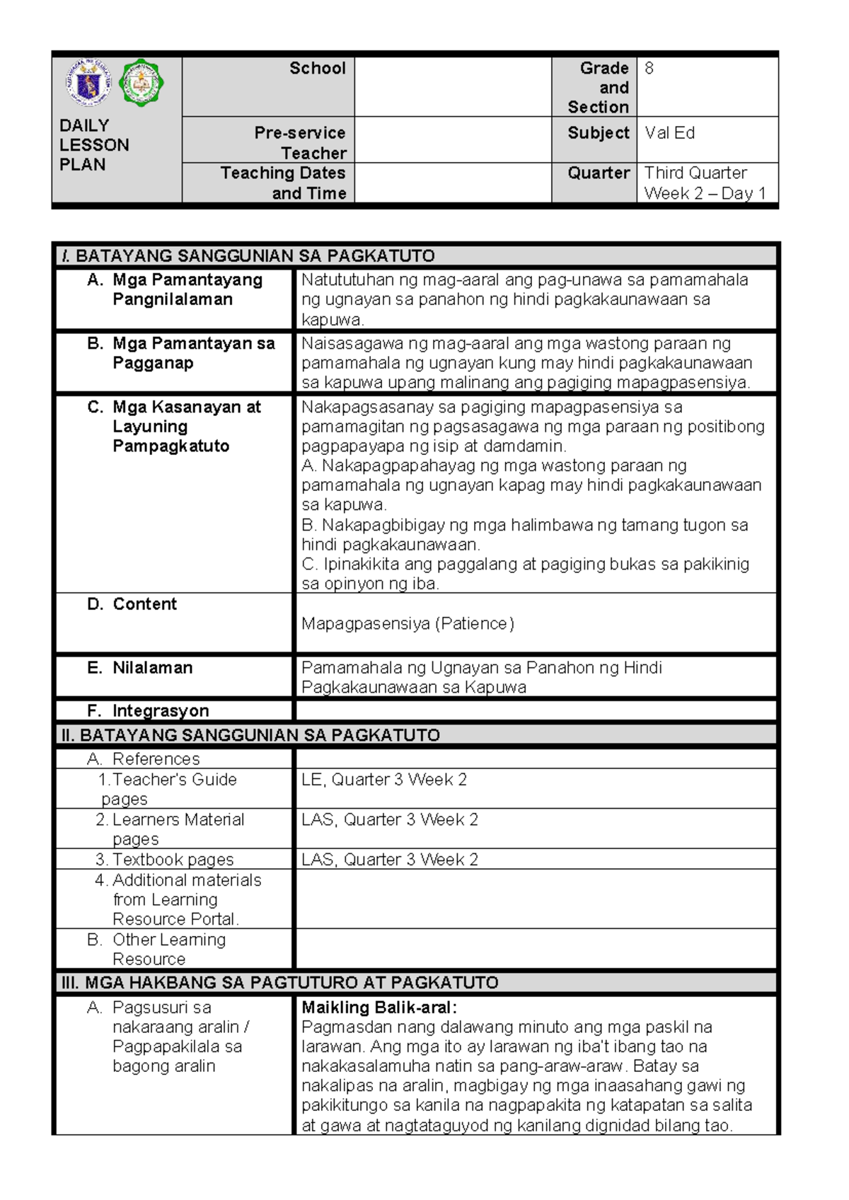 Week 2 Lesson Plan: Pagiging Mapagpasensiya (Val Ed 8) - Studocu