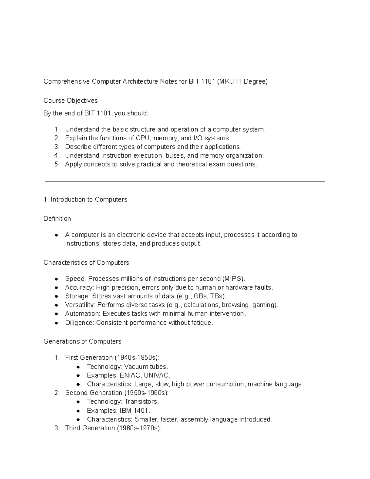 Comprehensive Computer Architecture Study Notes for BIT 1101 - Studocu